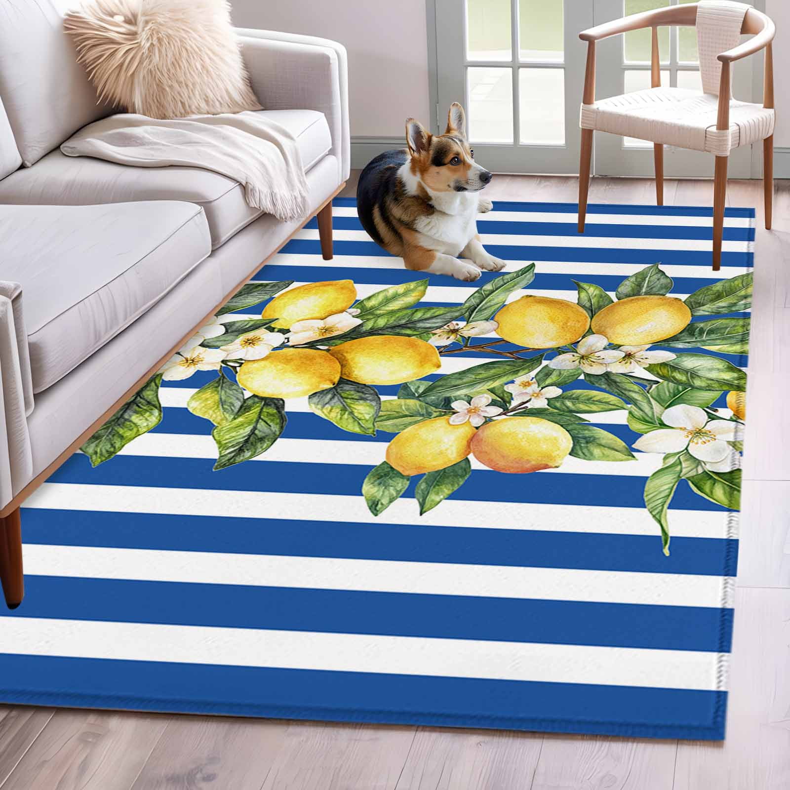 Blue Stripes Lemon Area Rug 3x5 FT, Non Slip Entryway Bedside Carpet ...
