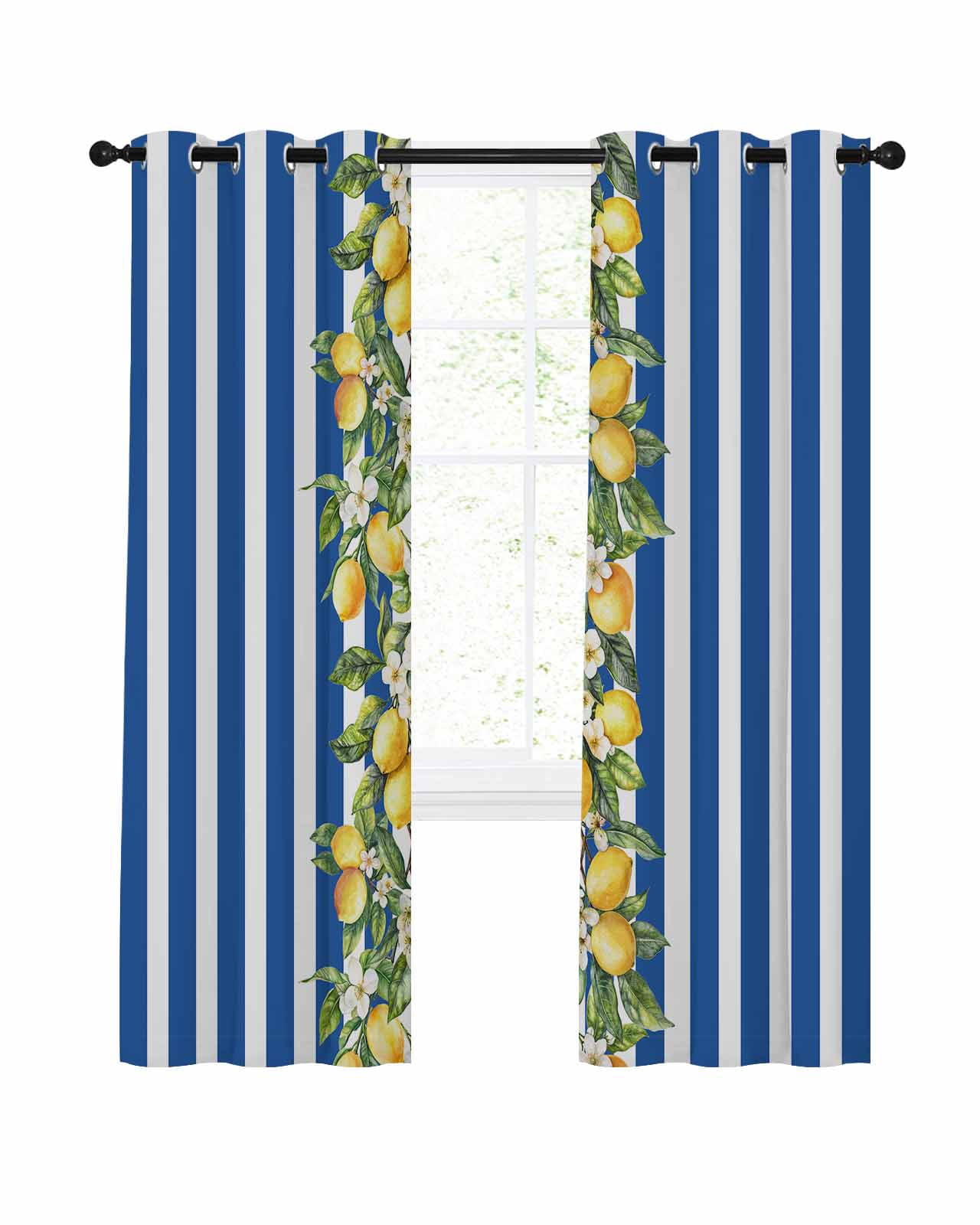 Blue Stripes Lemon Blackout Curtains 39 Inches Long for Bedroom, Spring ...