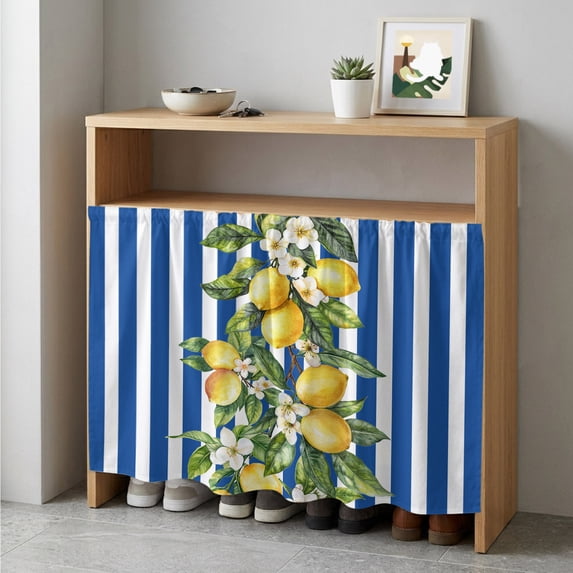 Blue Stripes Lemon Cabinet Curtain 35"Wx35"L,Dustproof Under Sink Skirt ...