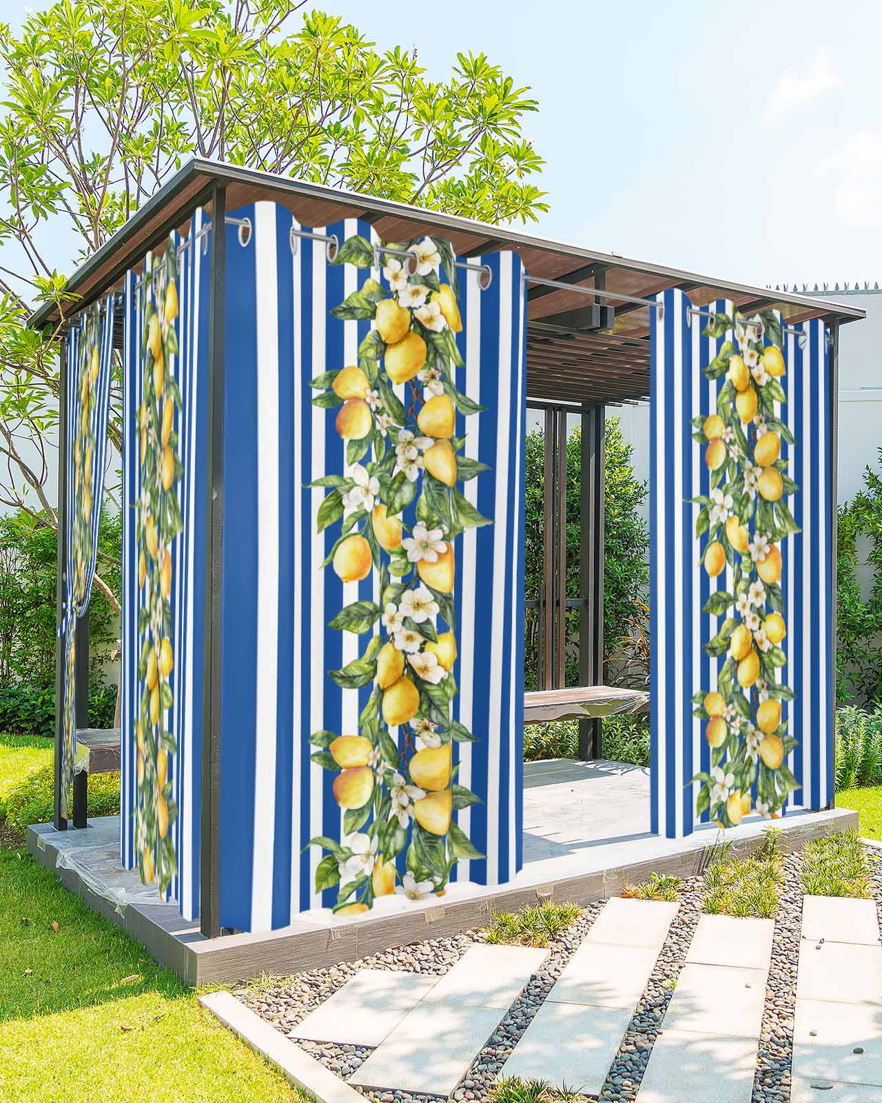 Blue Stripes Lemon Outdoor Curtains for Patio, Spring Fruit Flowers ...