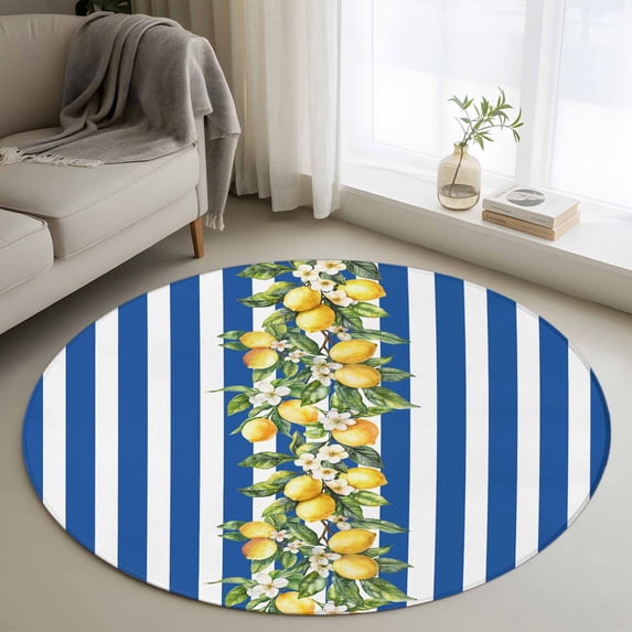 Blue Stripes Lemon Round Area Rug 4 FT, Non Slip Indoor Outdoor Rug ...