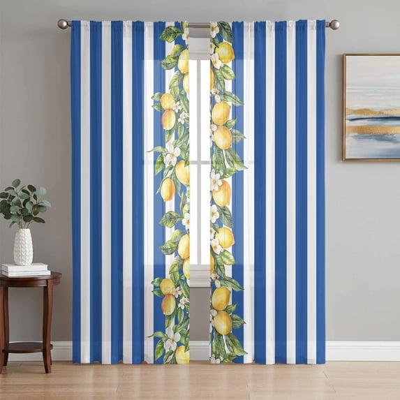 Blue Stripes Lemon Sheer Curtains 72 Inch Length 2 Panels, Spring Fruit ...