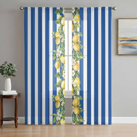 Blue Stripes Lemon Sheer Curtains 96 Inch Length 2 Panels Set, Spring ...
