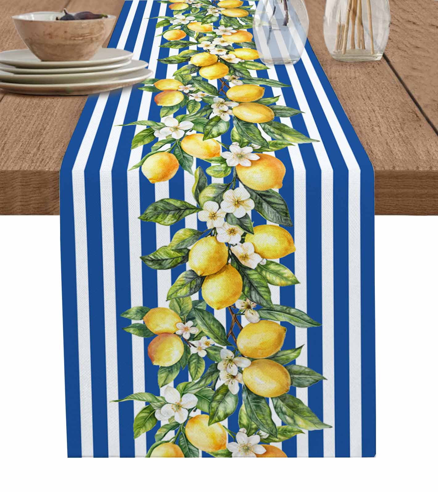 Blue Stripes Lemon Table Runner 72 Inches, Spring Fruit Flowers Leaves ...