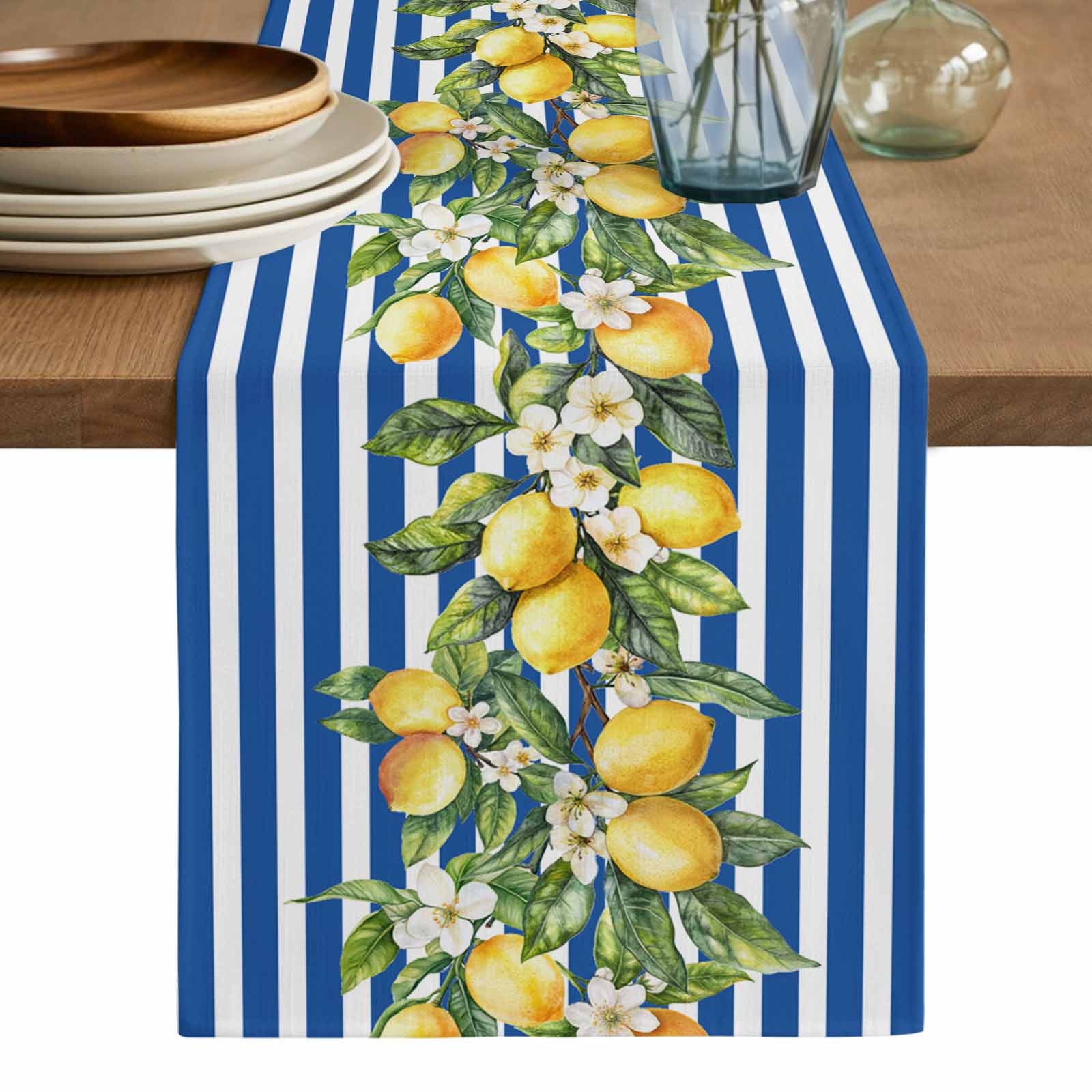 Blue Stripes Lemon Table Runner, Spring Fruit Flowers Leaves Line ...