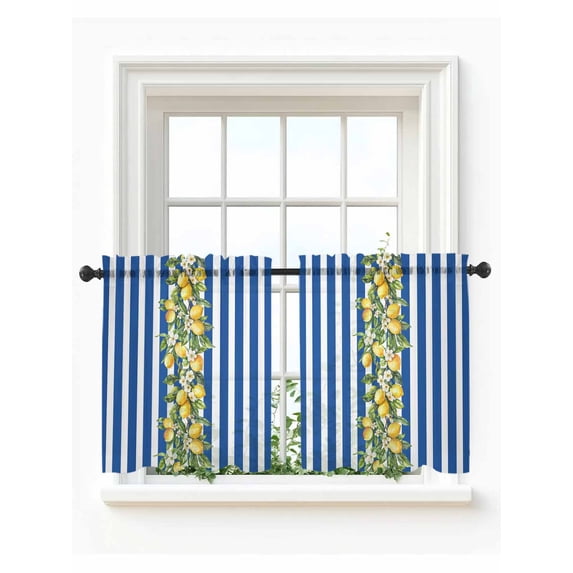 Blue Stripes Lemon Tier Curtains 36 Inch Length,Sheer Curtains for ...