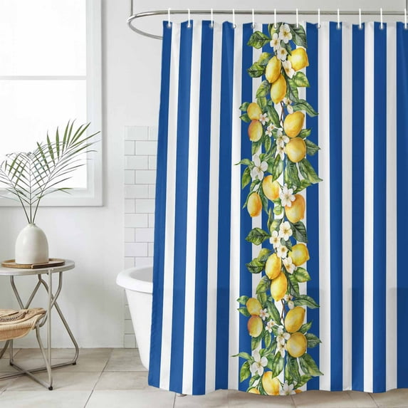 Blue Stripes Lemon Waterproof Fabric Shower Curtain,Spring Fruit ...
