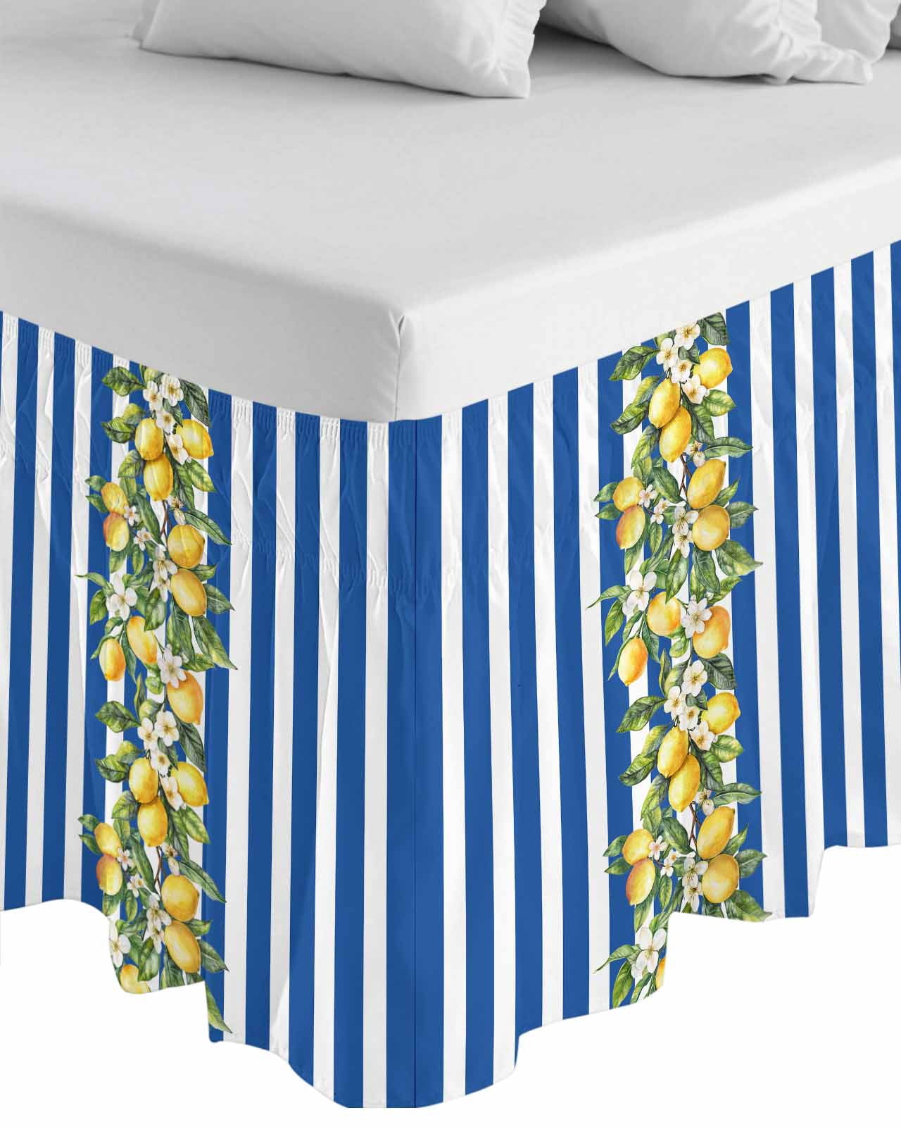 Blue Stripes Lemon Wrap Around Bed Skirts for Queen Bed 18" Drop,Bed ...