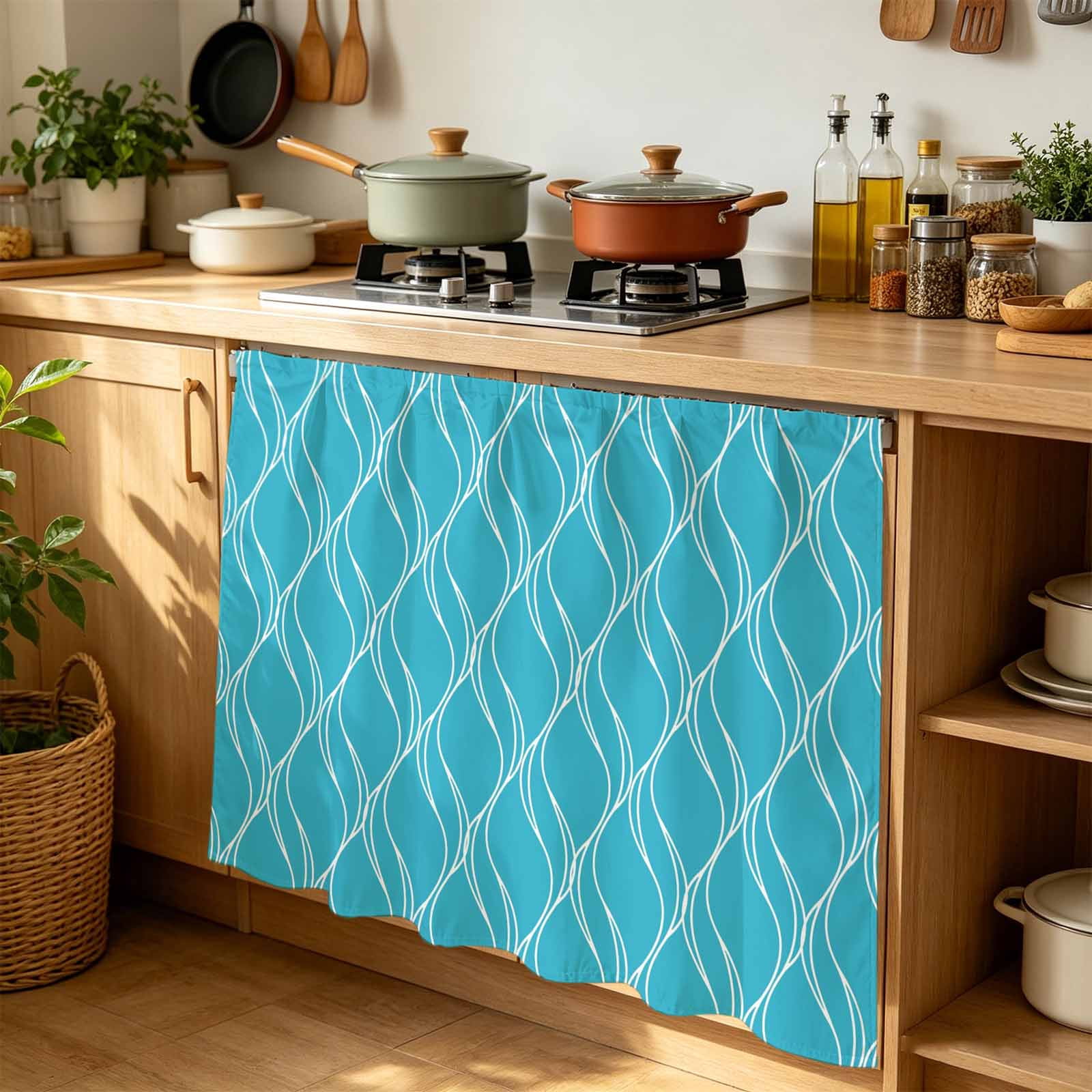Blue Stripes Line Cabinet Curtains 35" W x 35" L Country Abstract Art ...