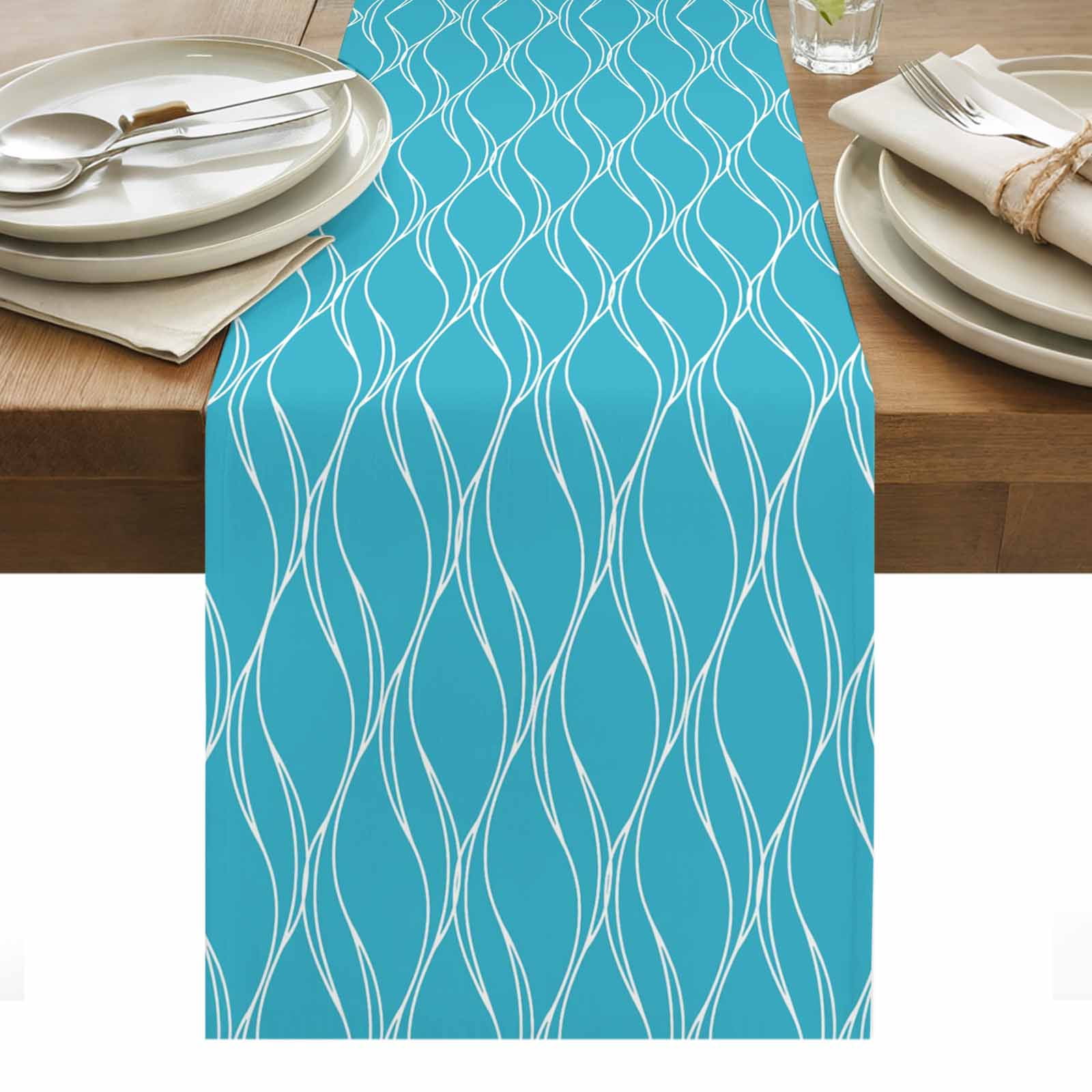 Blue Stripes Line Cotton Linen Table Runner Country Abstract Art Waves ...