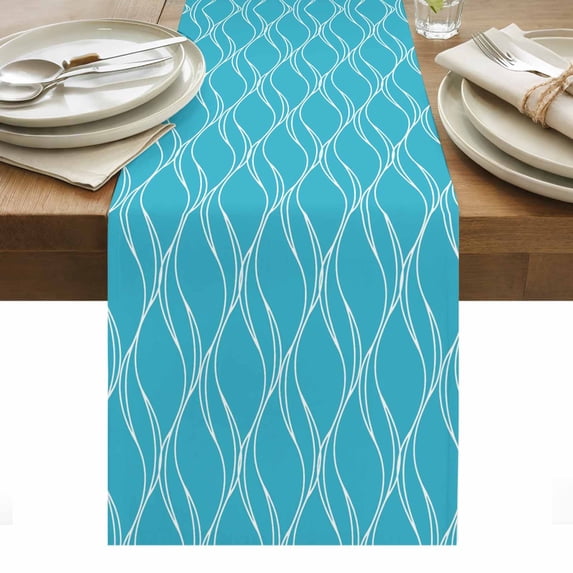 Blue Stripes Line Cotton Linen Table Runner Country Abstract Art Waves ...