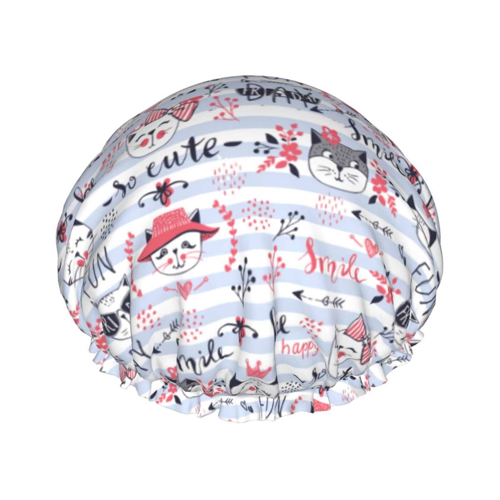 Blue Stripes Lines Cute Cat Shower Cap, Double Layers Shower Cap ...