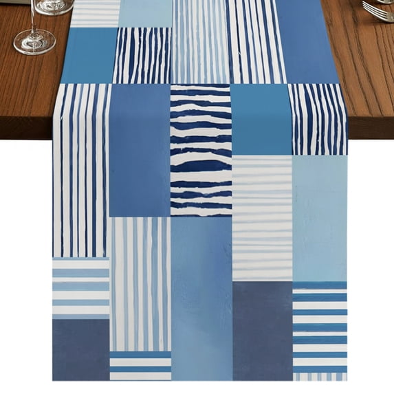 Blue Stripes Plaid Burlap Cotton Table Runner 13x48 Inches Long ...