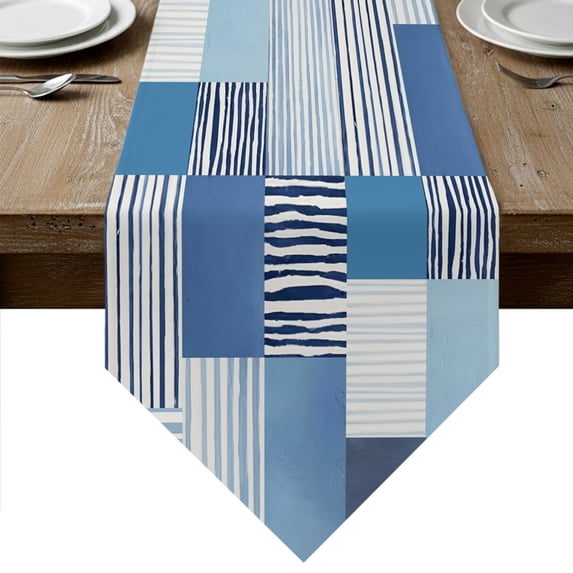 Blue Stripes Plaid Table Runner Linen Burlap Table Runner 48 Inches ...