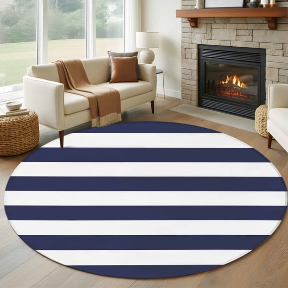 Blue Stripes Round Area Rug 6 FT, Non Slip Bedroom Area Rug, Simple ...
