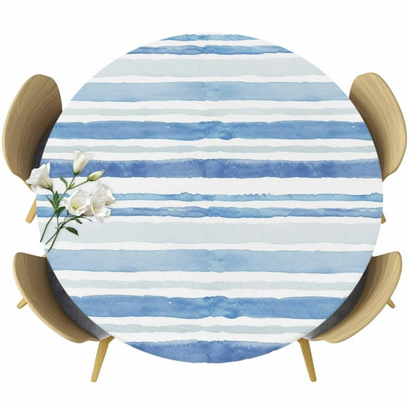 Blue Stripes Round Fitted Tablecloth with Elastic Edge, Abstract ...