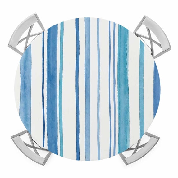 Blue Stripes Round Table Cover, Watercolor Ocean Summer Coastal ...
