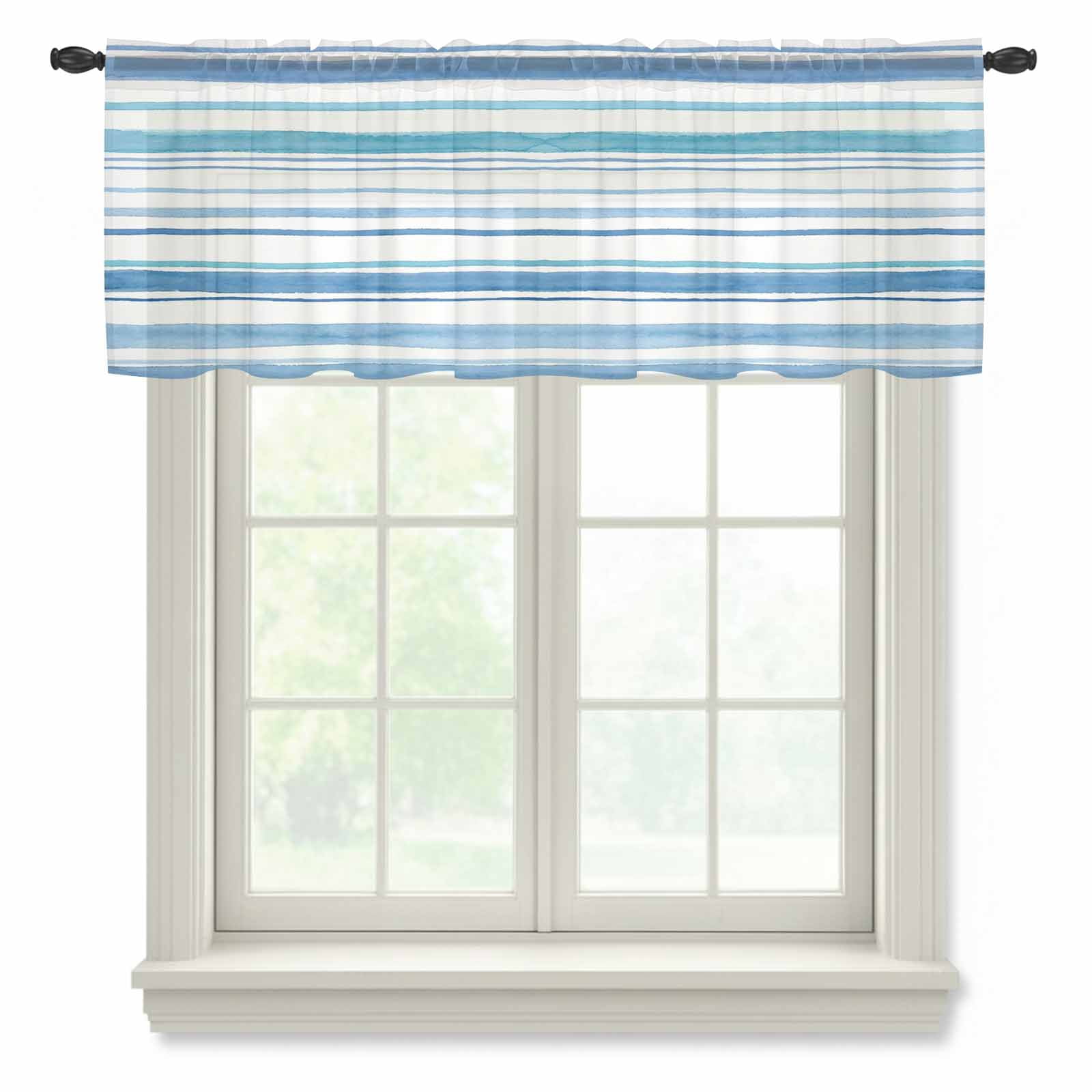 Blue Stripes Semi Sheer Valance Curtains Watercolor Ocean Summer ...