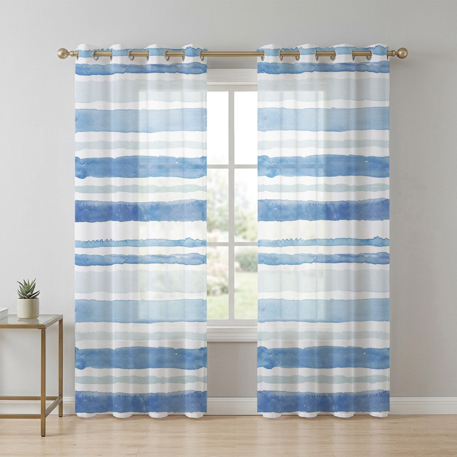 Blue Stripes Sheer Curtains 63 Inch Long 2 Panels, Abstract Watercolor ...