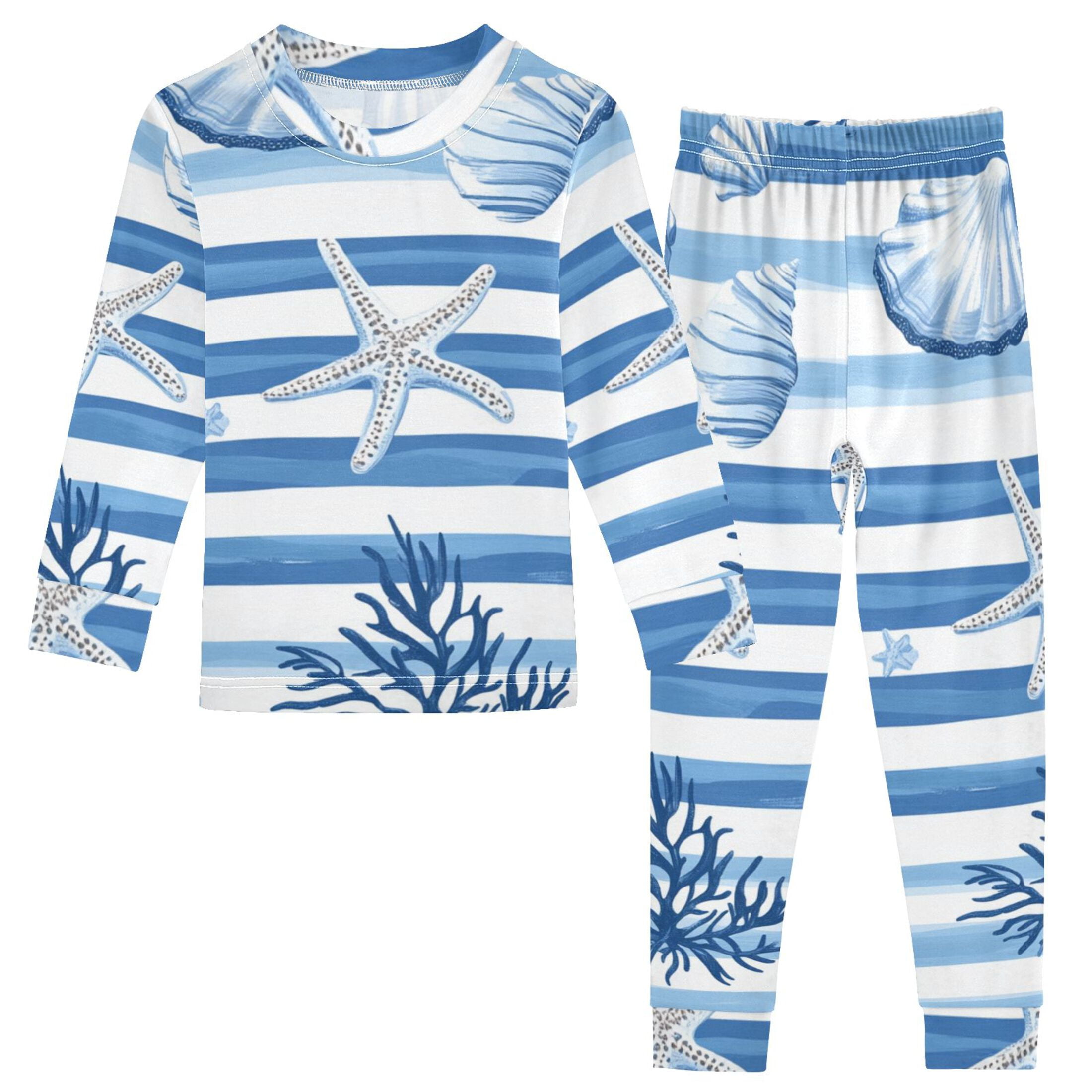 Blue Stripes Shells Starfishes Water Plants Cotton Pajama Set Long ...