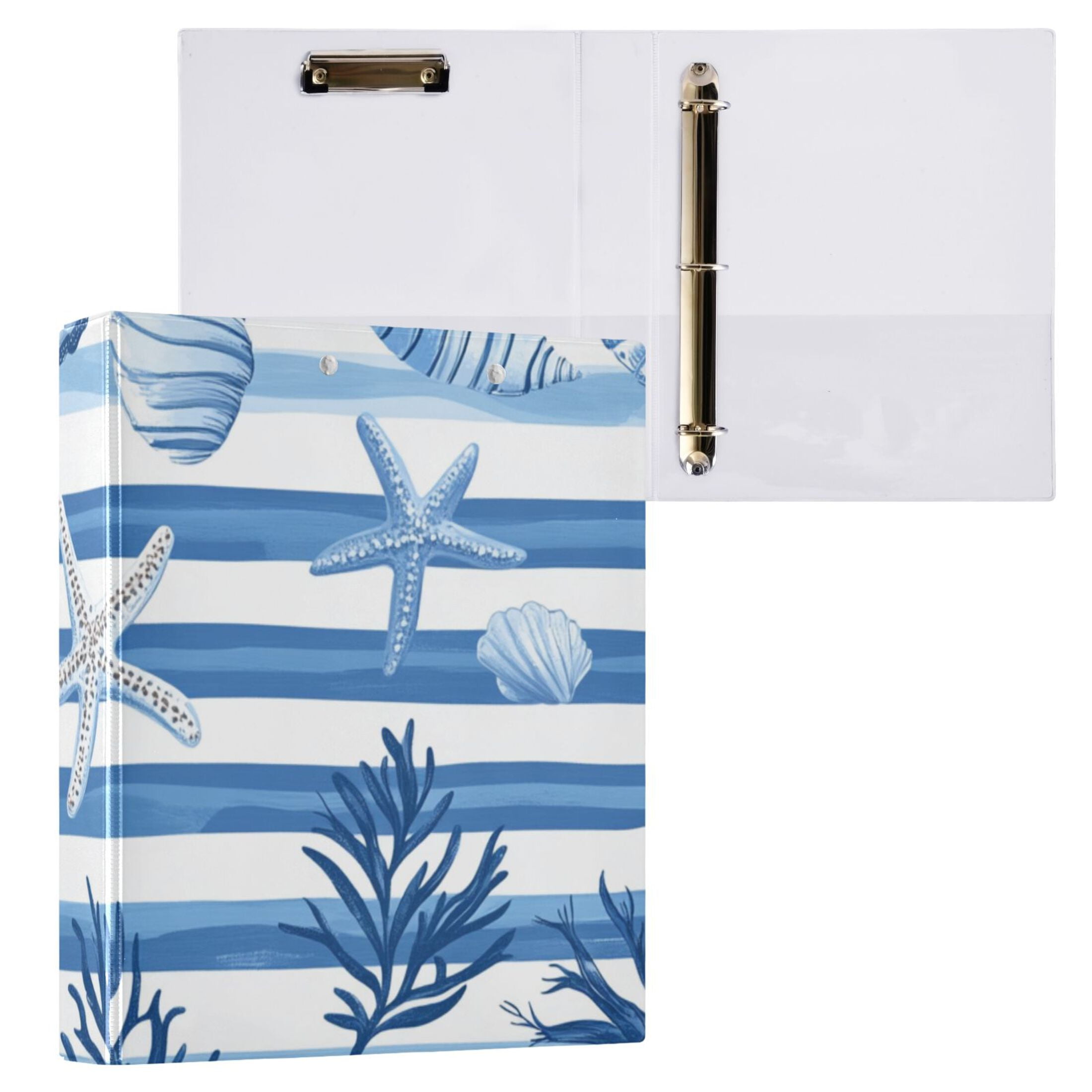 Blue Stripes Shells Starfishes Water Plants Round Ring Binder 3 Rings 1 ...