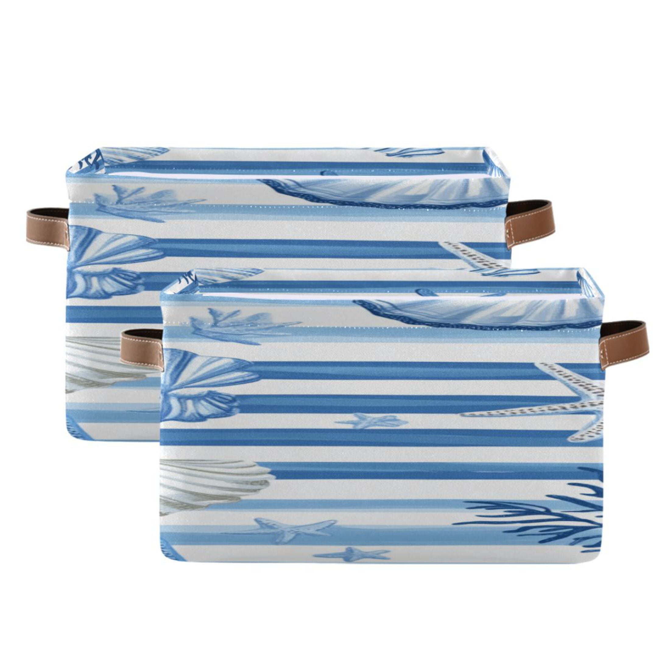 Blue Stripes Shells Starfishes Water Plants Square Storage Bins with ...
