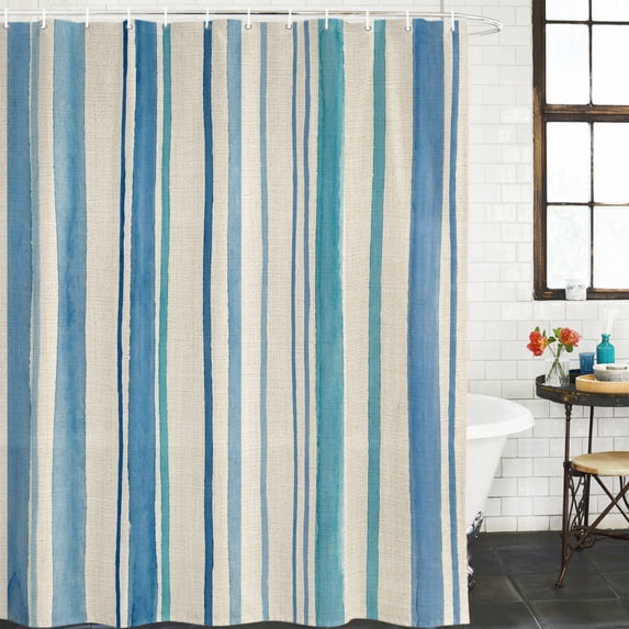 Blue Stripes Shower Curtain, Watercolor Ocean Summer Coastal Linen ...