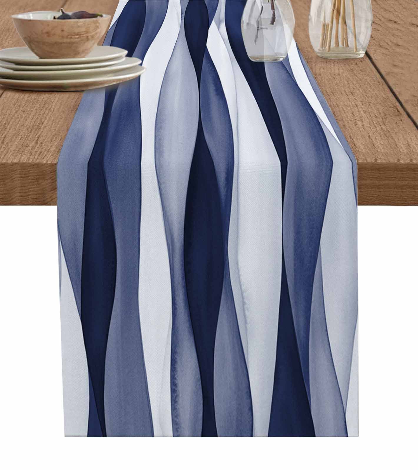 Blue Stripes Table Runner Cotton Linen 36 Inch Holiday Dresser Scarves ...