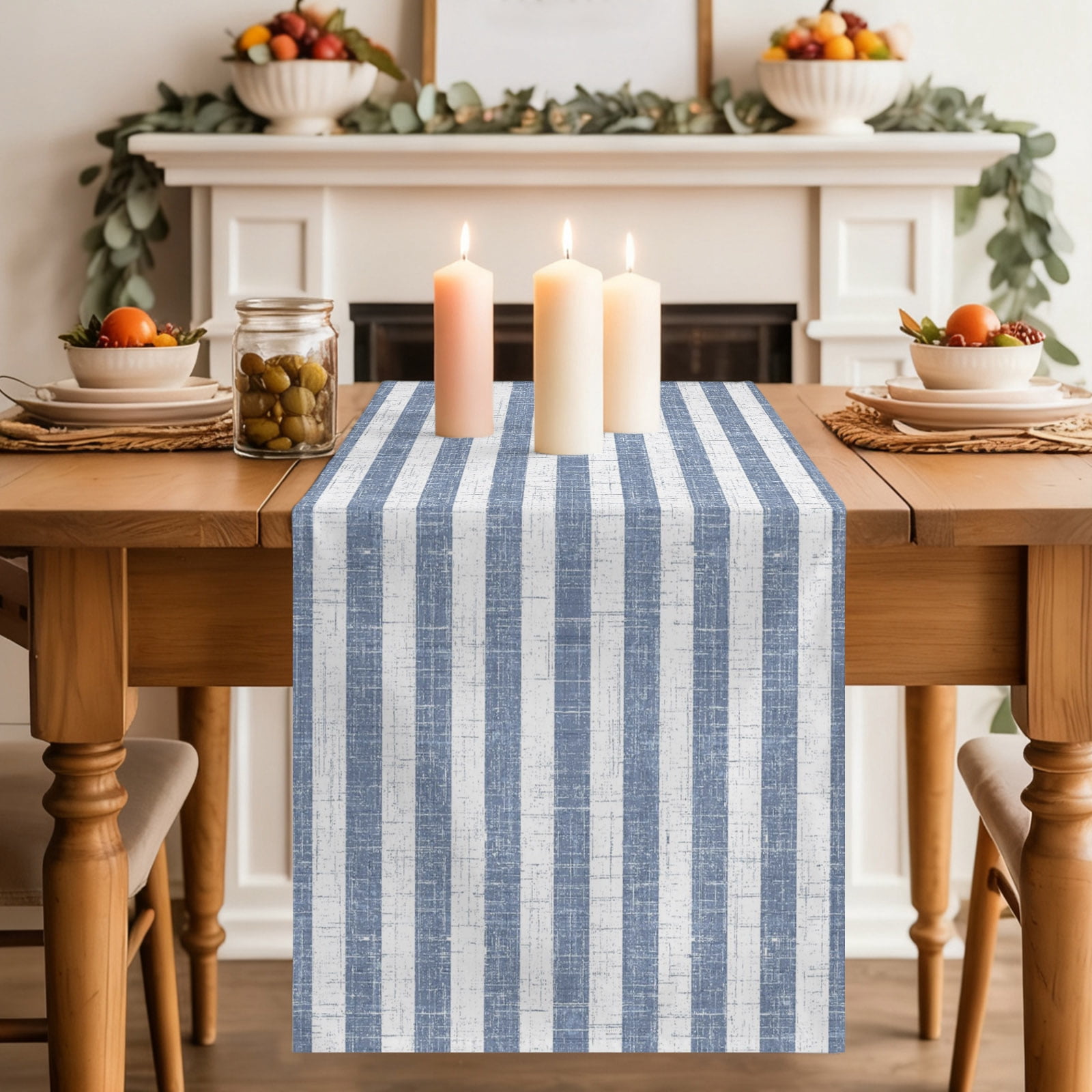 Blue Stripes Table Runner, Modern Abstract Linens Farmhouse Washable ...