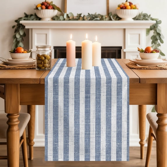 Blue Stripes Table Runner, Modern Abstract Linens Farmhouse Washable ...