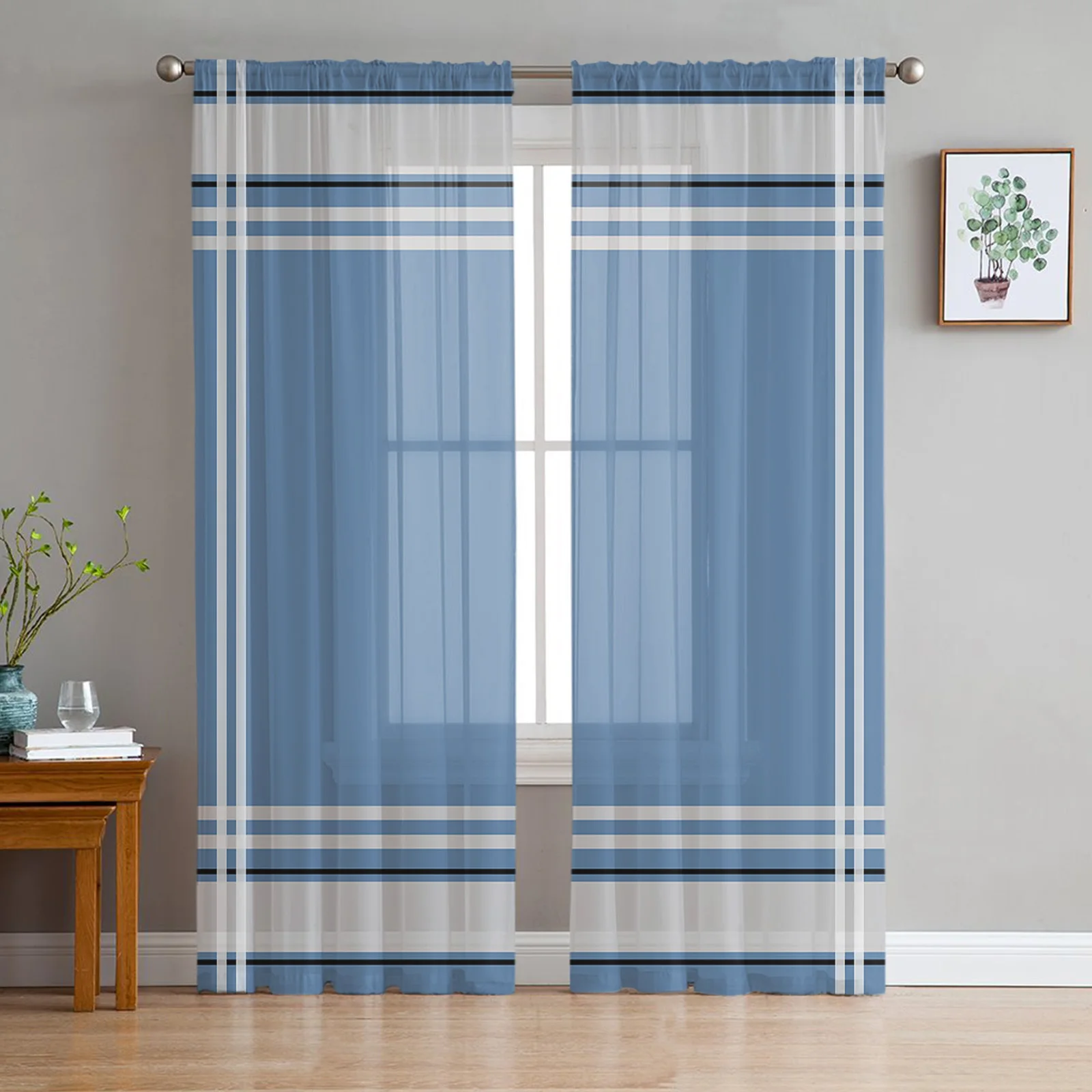 Blue Stripes Texture Tulle Curtains for Living Room Bedroom Voile ...