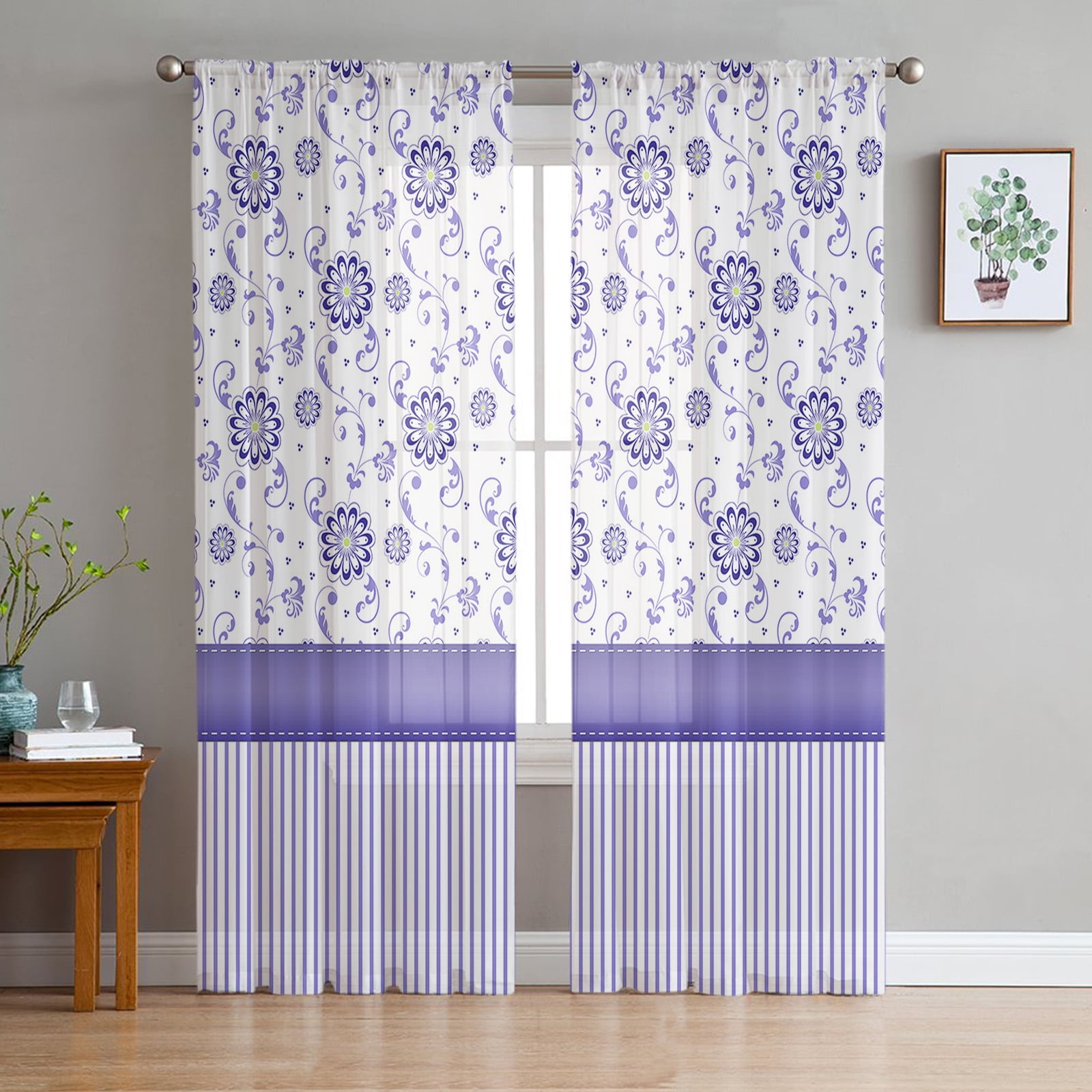 Blue Stripes Texture Tulle Curtains for Living Room Bedroom Voile ...