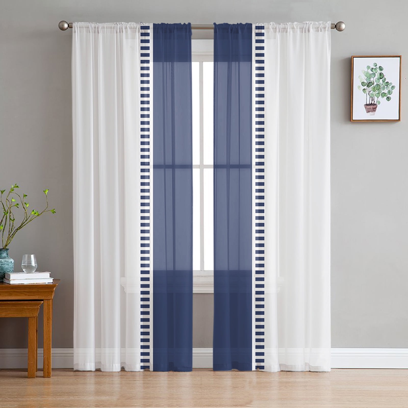Blue Stripes Texture White Sheer Curtains for Living Room ration Window ...
