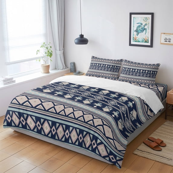 Blue Stripes Vintage Boho King Size Bed Set,Abstract Geometric Seamless ...