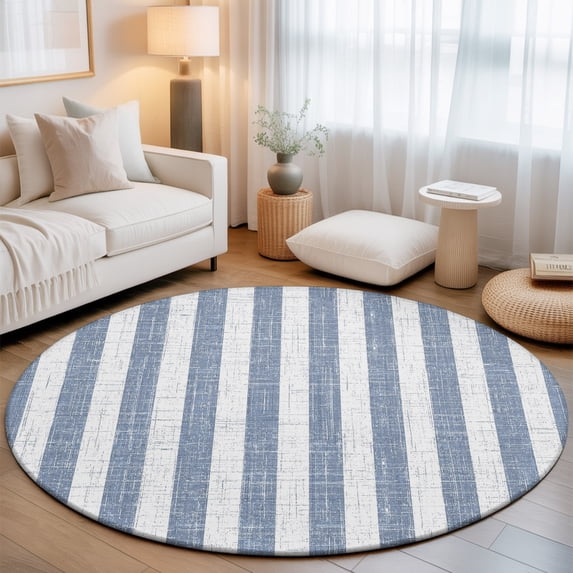Blue Stripes Washable Round Area Rug 3 ft, Modern Abstract Linens ...