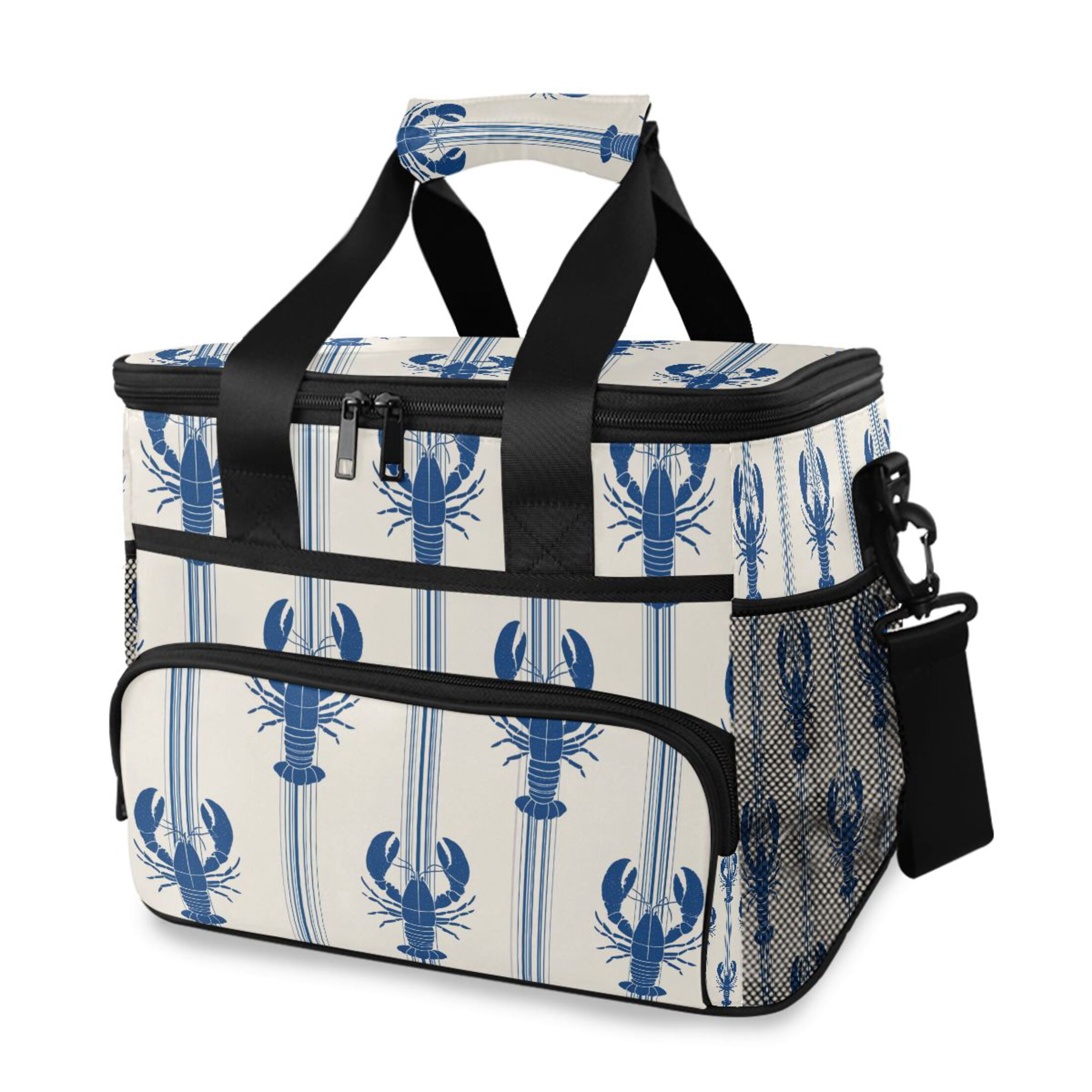 Blue Stripes with Lobsters Portable Cooler Lunch Box Reusable Insulated ...