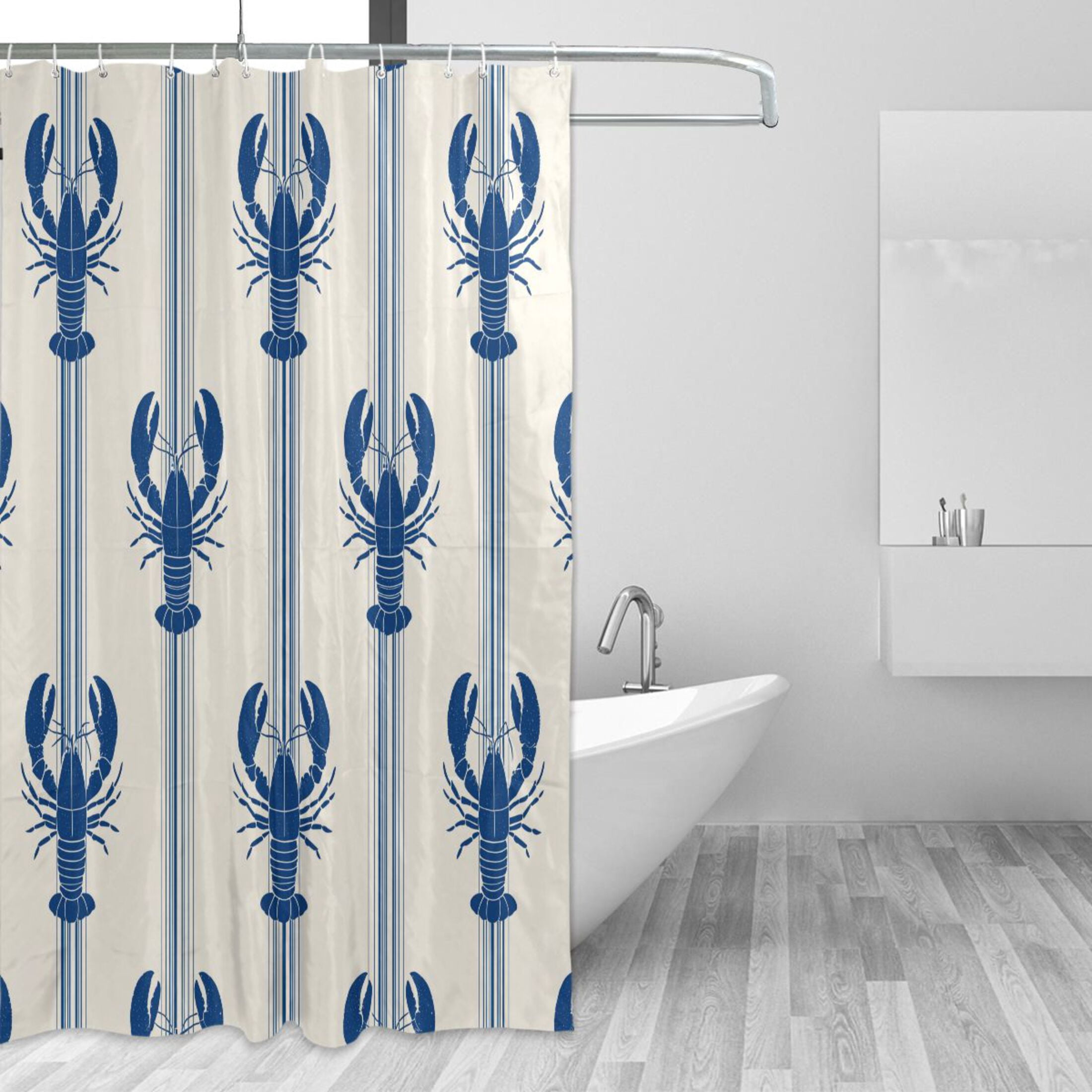 Blue Stripes with Lobsters Shower Curtains with 12 Hooks Waterproof ...