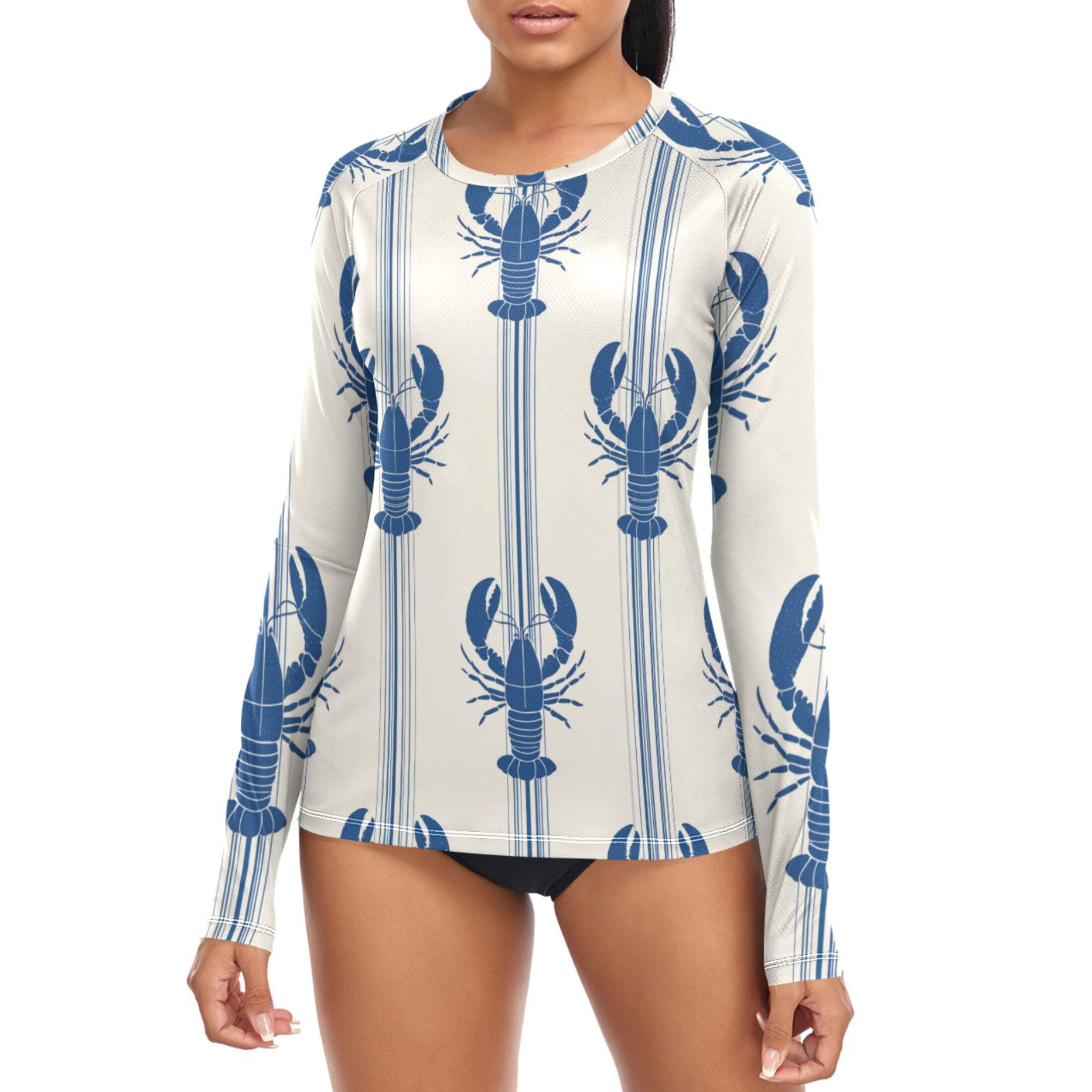 Blue Stripes with Lobsters Women's Rash Guard Shirts UPF 50+ Sun ...