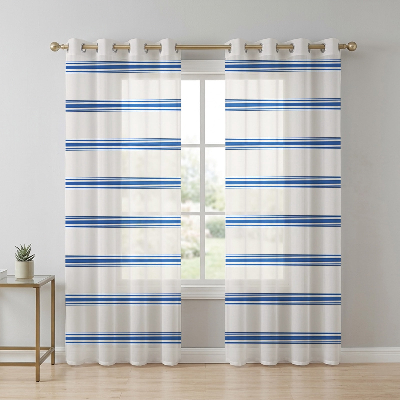 Blue Strips Sheer Curtains 63 Inch Long 2 Panels, Classic Pink Lines ...