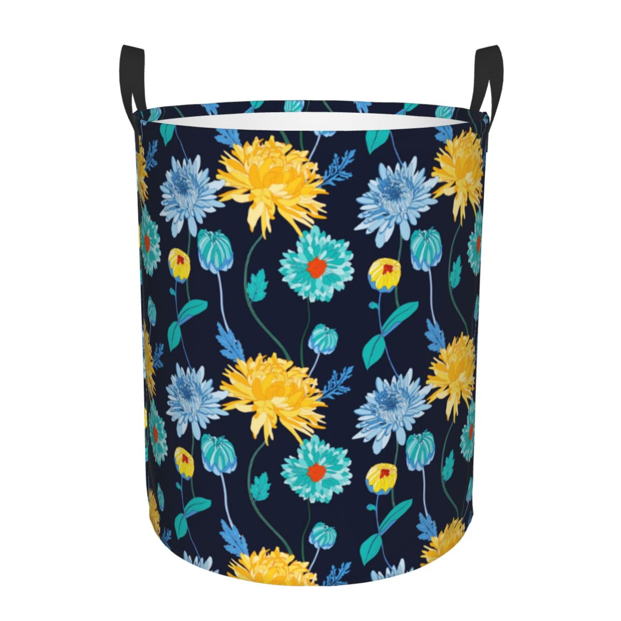 Blue Style Floral Pattern Circular Laundry Basket (With Handle ...
