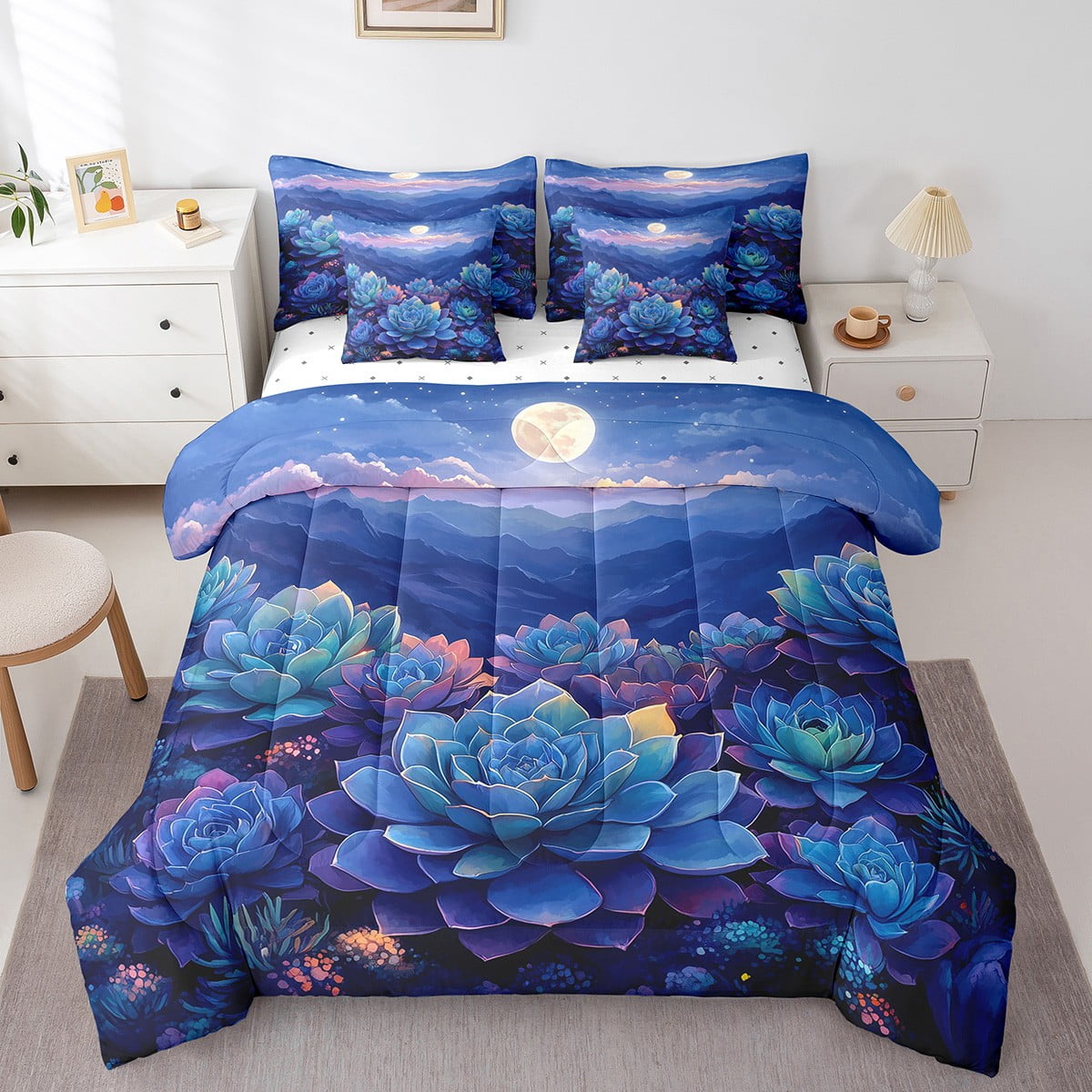 Blue Succulent Bed In A Bag Galaxy Mooon Print Twin Bedding Set,Nature ...