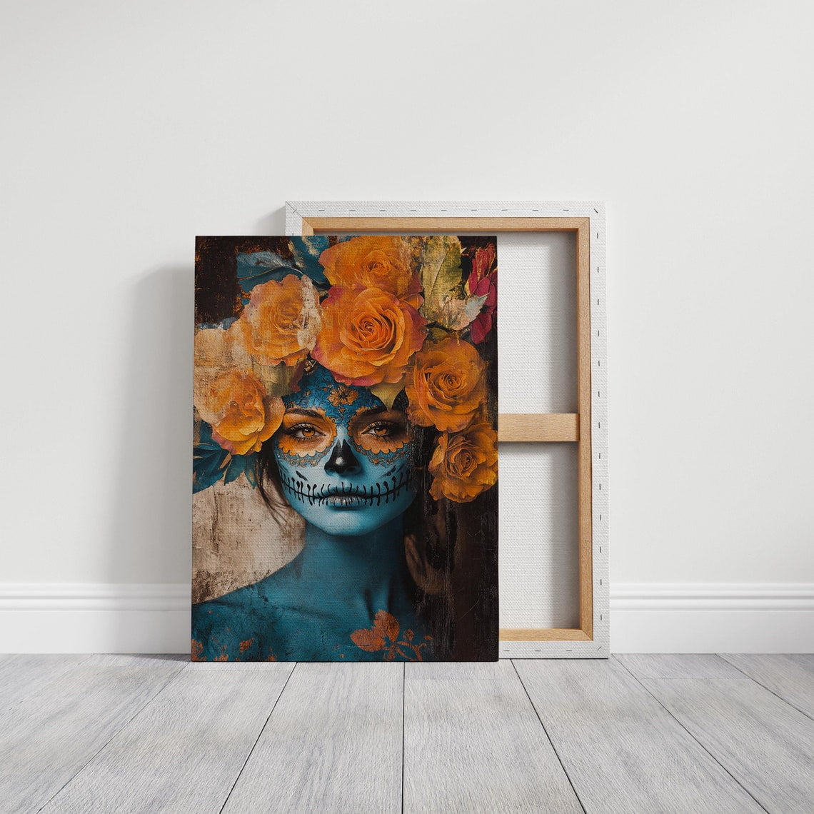 Blue Sugar Skull Art With Orange Roses Dia De Los Muertos Vibrant ...