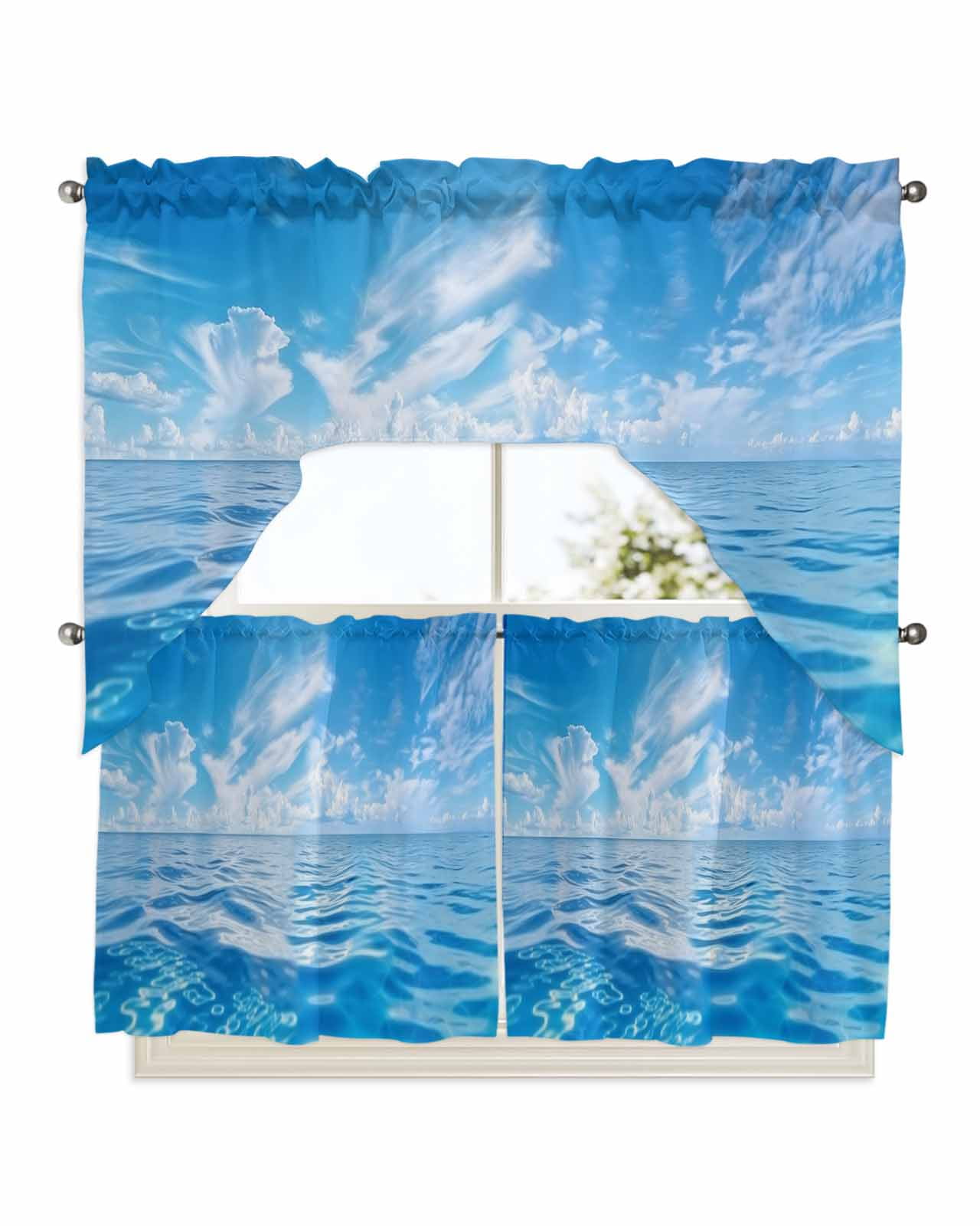 Blue Summer Beach Kitchen Curtains Swag Valance and Tier Curtains Set ...