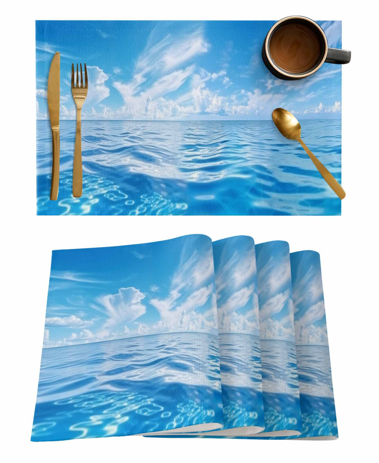 Blue Summer Beach Placemats Set of 6, Seaside Ocean Coastal Nautical ...