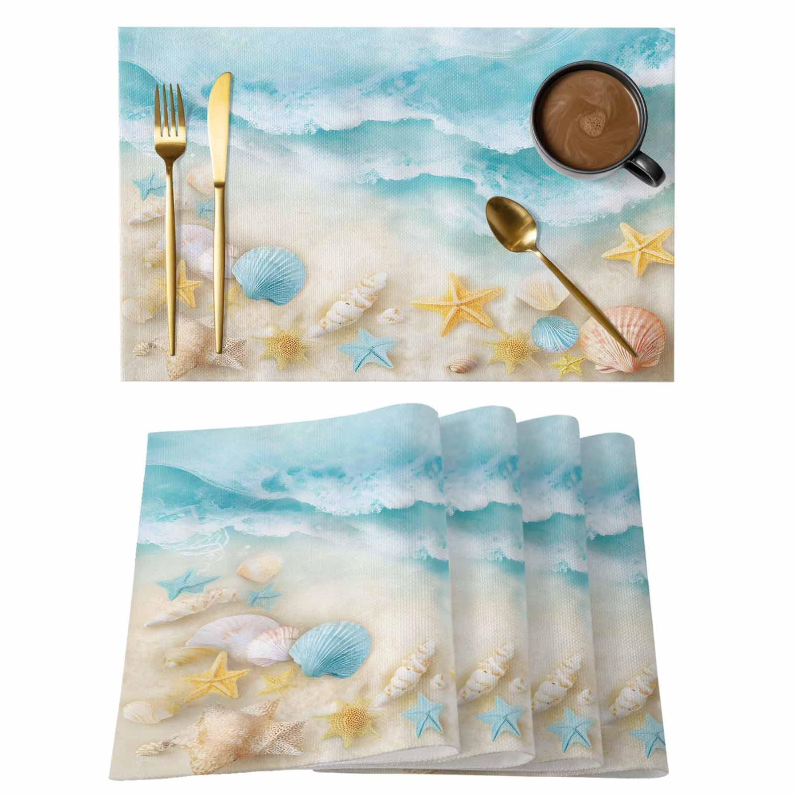 Blue Summer Beach Placemats Set of 8, Coastal Starfish Shell Nautical ...
