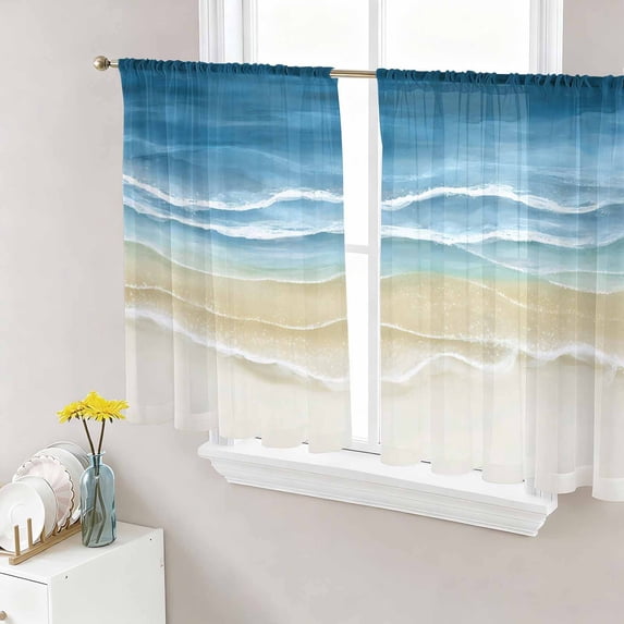 Blue Summer Beach Sheer Curtains 45 Inch Length 2 Panels Set, Nautical ...