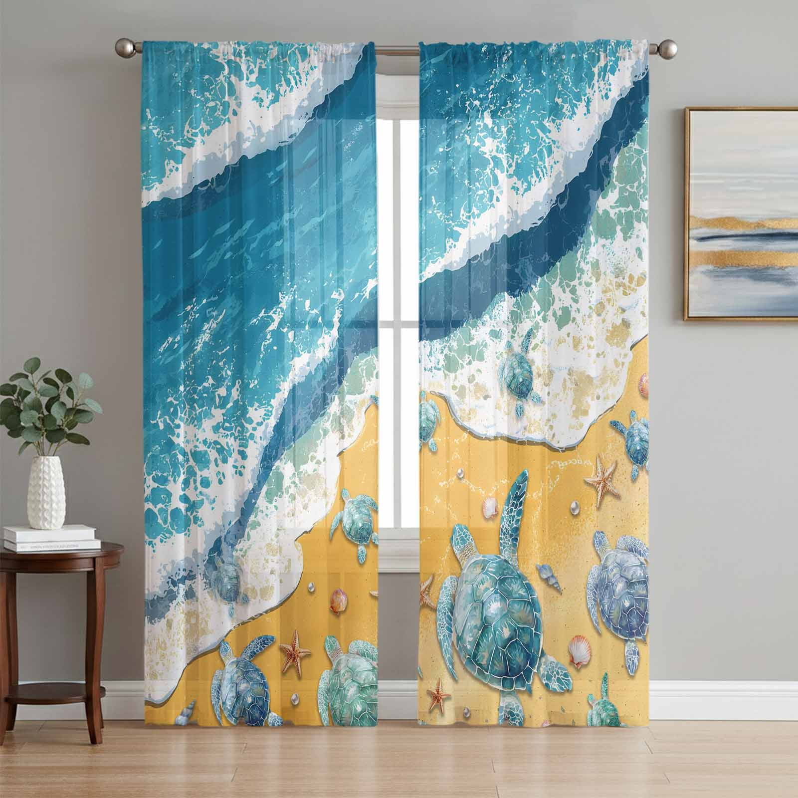 Blue Summer Beach Sheer Curtains 63 Inch Length 2 Panels Set, Coastal ...