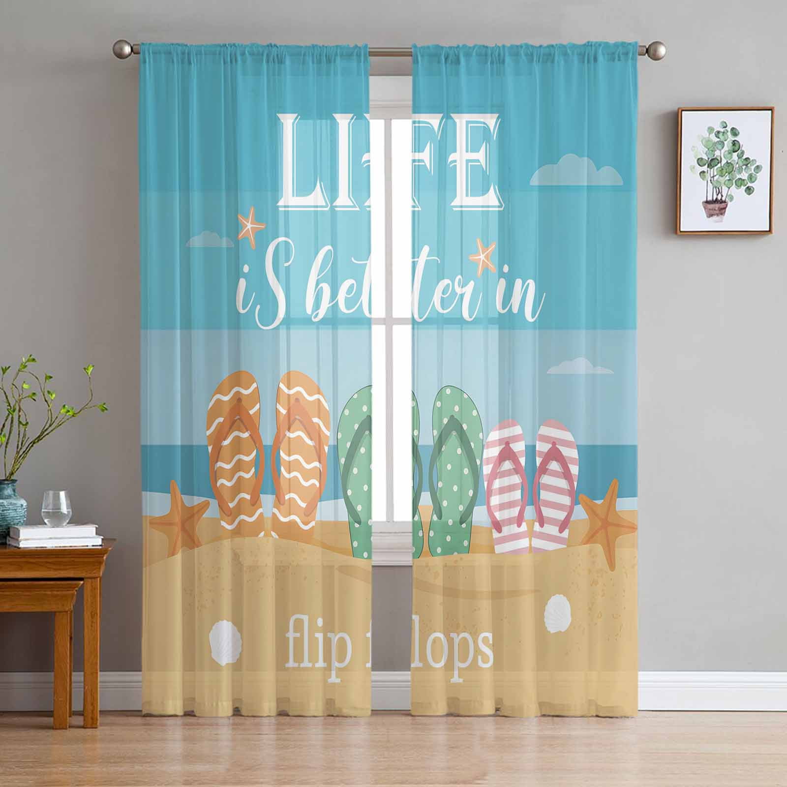 Blue Summer Beach Sheer Curtains 84 Inches Long 2 Panels Set, Window ...