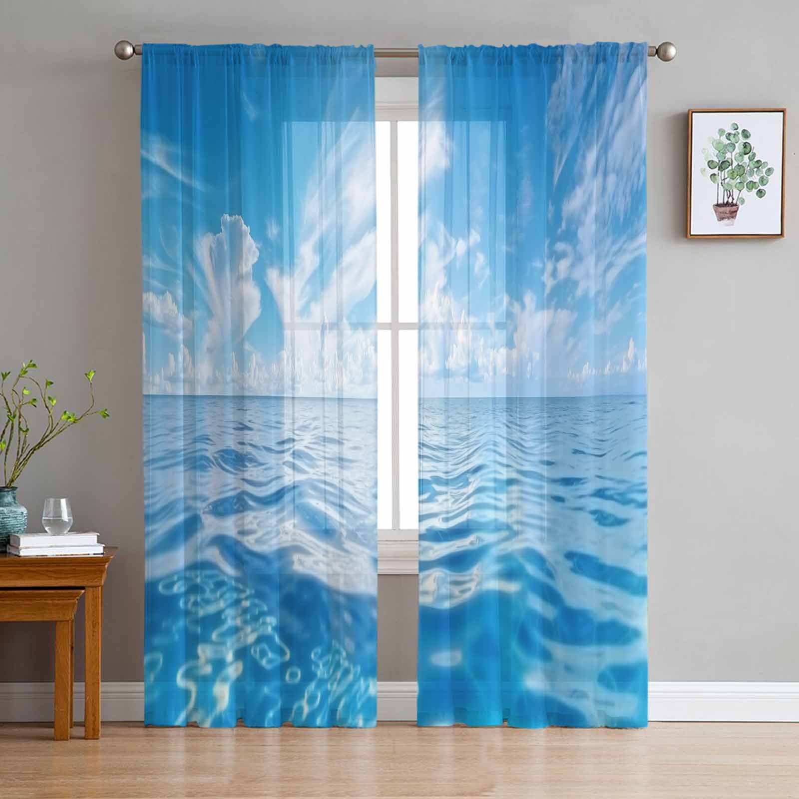Blue Summer Beach Sheer Curtains 96 Inches Long 2 Panels Set, Window ...