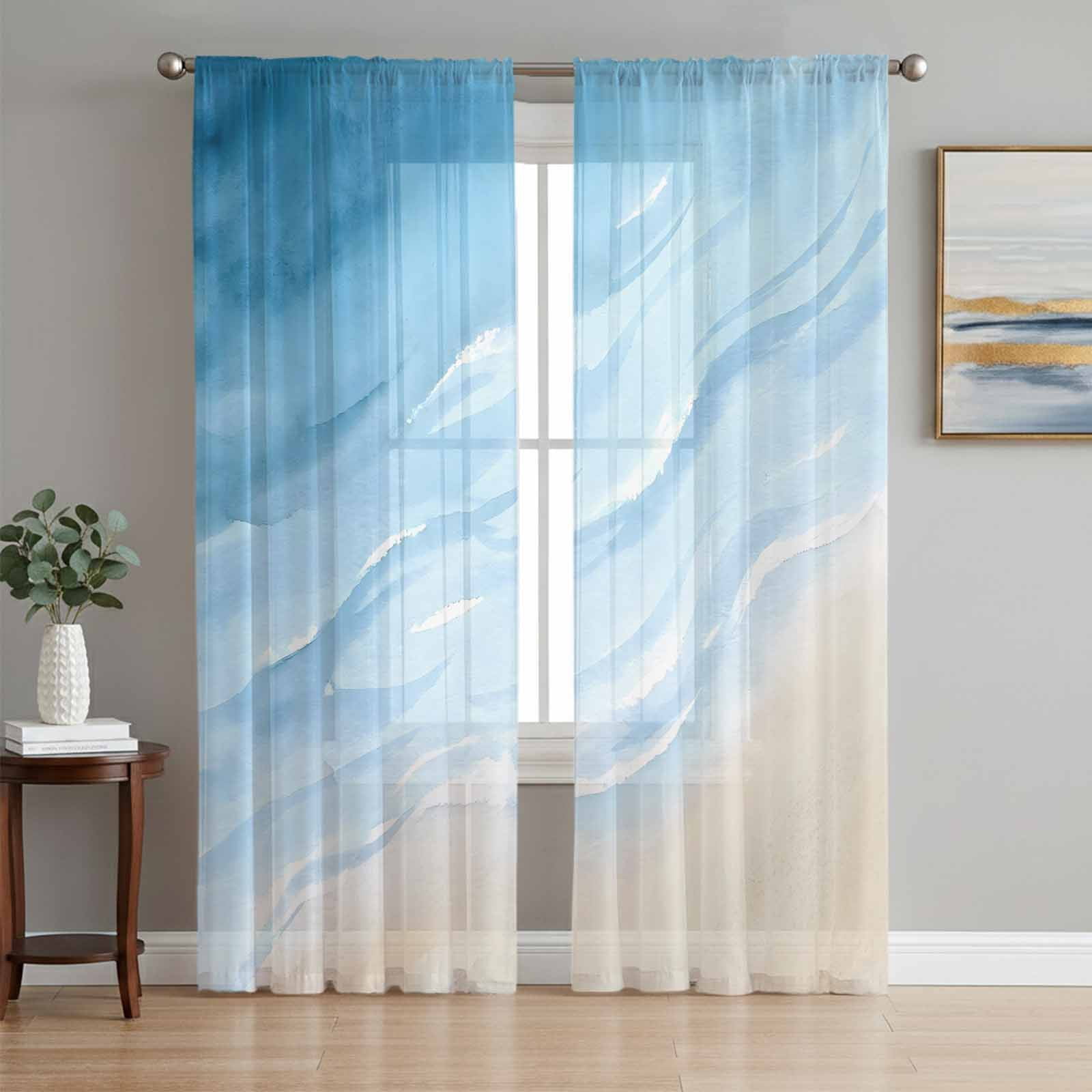 Blue Summer Beach Sheer Curtains for Living Room Bedroom Coastal Ocean ...